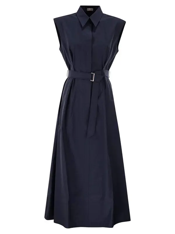 Brunello Cucinelli Long Sleeveless Cotton Dress With Belt At The Waist - Blue