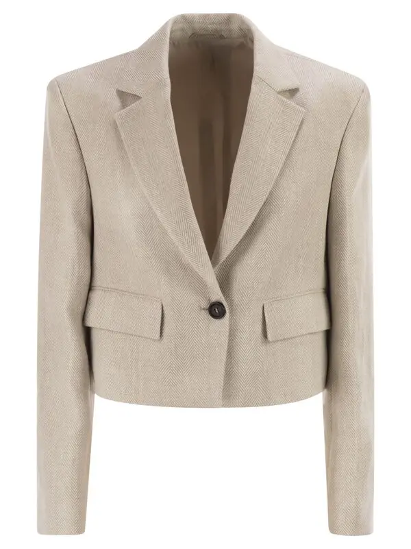 Brunello Cucinelli Chevron Linen And Cotton Crop Jacket With Necklace - Cream