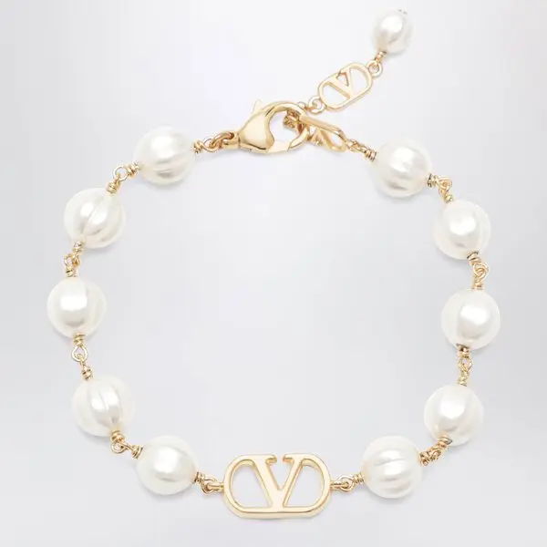 Valentino Garavani Vlogo Signature Bracelet In Metal And Pearls, Gold/cream - Silver
