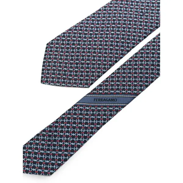 FERRAGAMO Silk Gancini Pattern Neck Tie - Blue