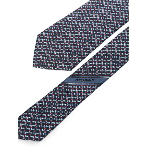 FERRAGAMO Silk Gancini Pattern Neck Tie - Blue