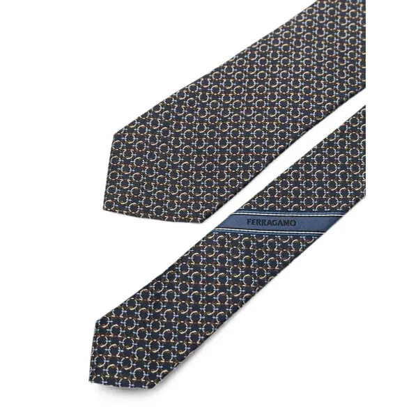 FERRAGAMO Silk Gancini Pattern Neck Ties - Blue