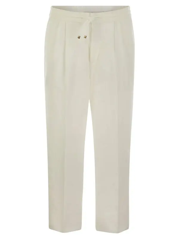 Brunello Cucinelli Leisure Fit Trousers In Linen And Cotton Gabardine With Drawstring And Double Darts - Cream