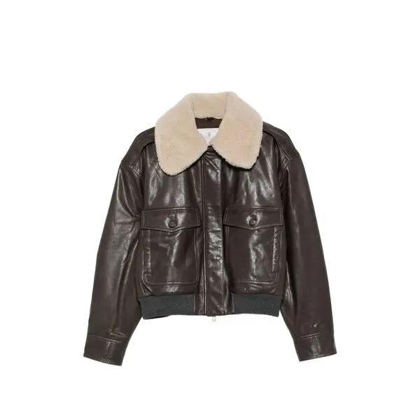 Brunello Cucinelli Shearling Collar Leather Bomber Jacket - Brown