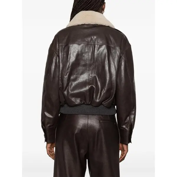 Brunello Cucinelli Shearling Collar Leather Bomber Jacket - Brown