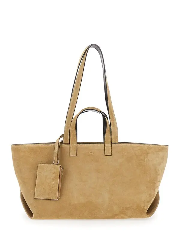 A.p.c. Le Drummer' Beige Shopper With Four Handles And Logo Lettering On The Front In Suede - Multicolor
