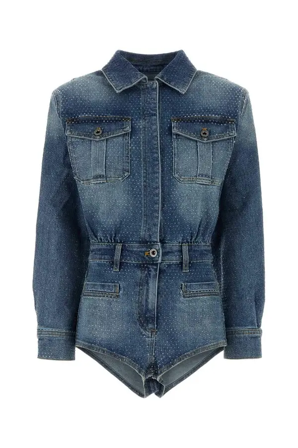 SELF-PORTRAIT Embellished Denim Jumpsuit - Blue