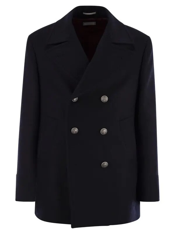 Brunello Cucinelli Double Wool Flannel Pea Coat With Metal Buttons - Multicolor