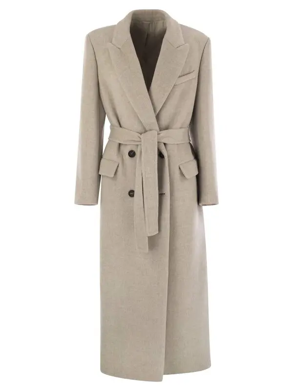 Brunello Cucinelli Double-breasted Coat In Virgin Wool And Cashmere Cloth With Jewellery - Cream