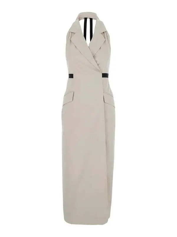 Max Mara Beige Dress With Notched Revers And Open Back In Blend Cotton And Virgin Wool - Multicolor