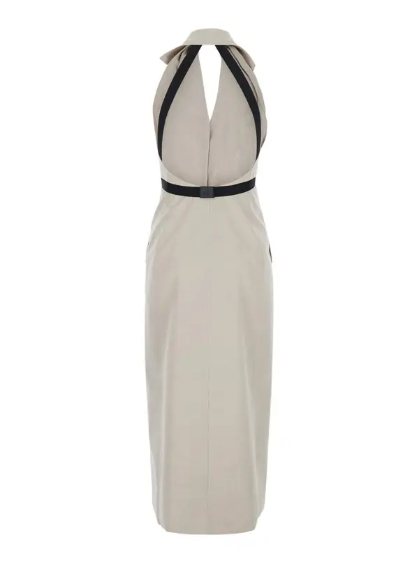 Max Mara Beige Dress With Notched Revers And Open Back In Blend Cotton And Virgin Wool - Multicolor