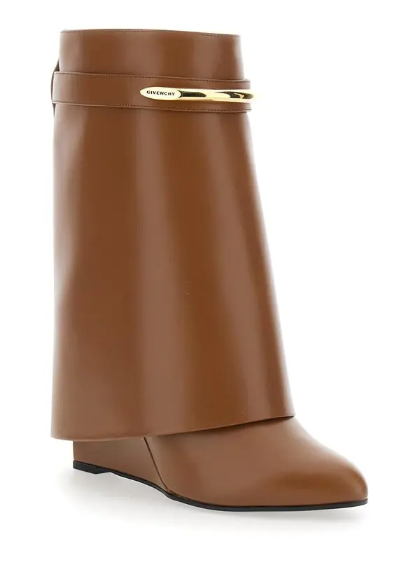 Givenchy Wedge Heel Ankle Boots With Logo Plate On The Side In Leather For - Brown