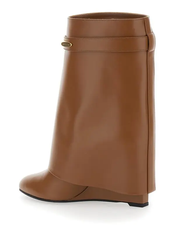 Givenchy Wedge Heel Ankle Boots With Logo Plate On The Side In Leather For - Brown