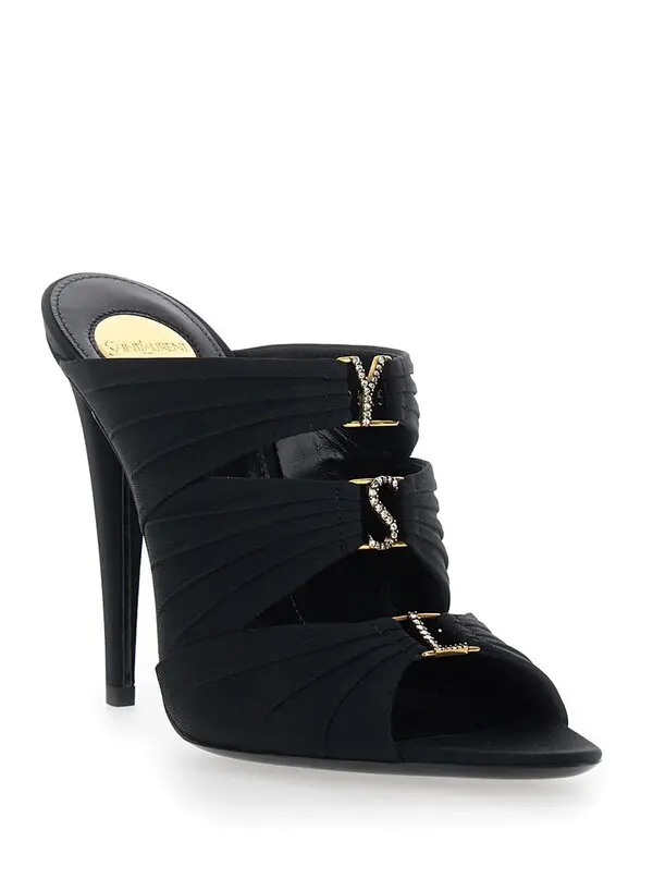 Saint Laurent Emilie' Black Heeled Sandals With Cassandre Plate On The Front In Leather - Multicolor