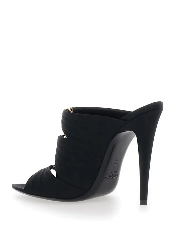 Saint Laurent Emilie' Black Heeled Sandals With Cassandre Plate On The Front In Leather - Multicolor