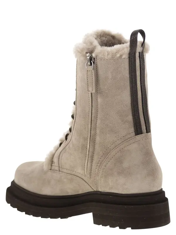Brunello Cucinelli Suede Boot With Shearling Lining And Shiny Loop Detail