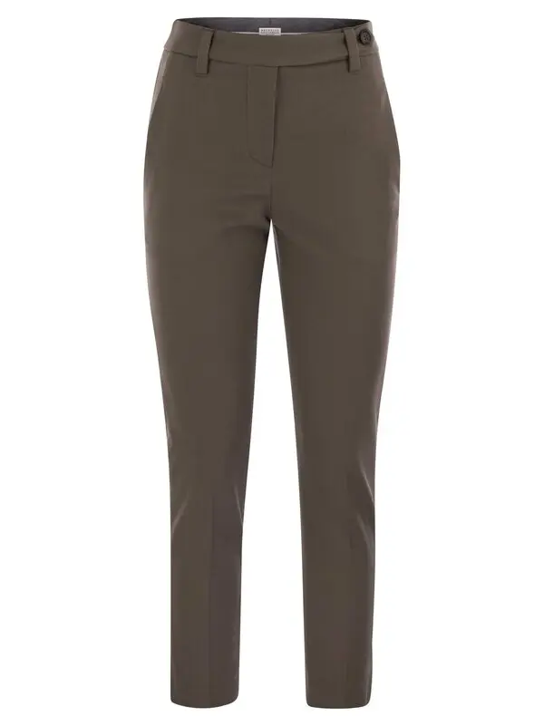 Brunello Cucinelli Cigarette Trousers In Stretch Cotton - Brown