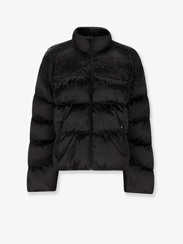 Balenciaga Nylon Down Jacket With All-over Lettering Logo - Black