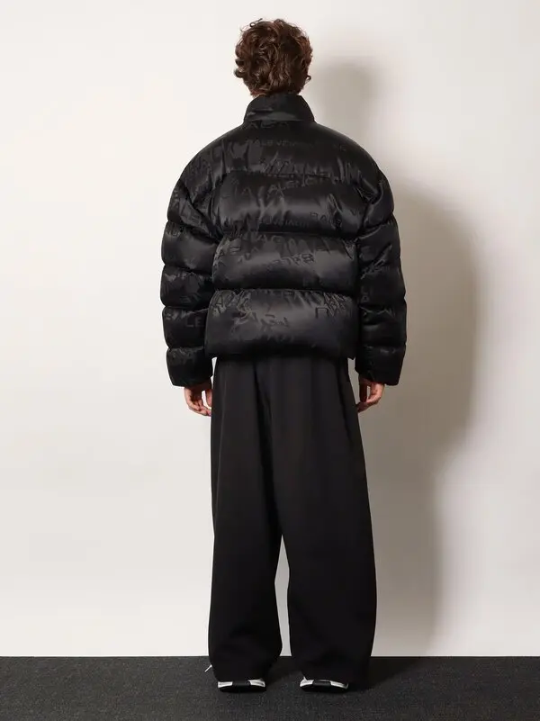 Balenciaga Nylon Down Jacket With All-over Lettering Logo - Black