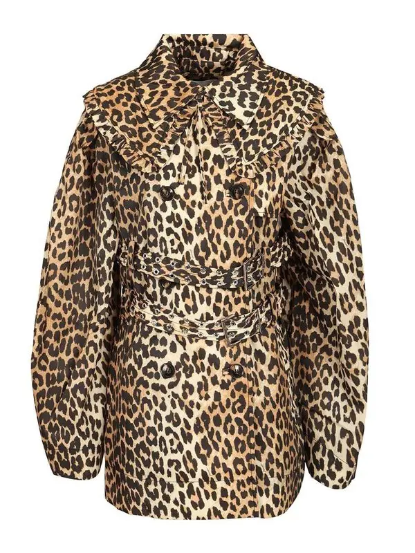 GANNI Short Animal Print Duchesse Trench Coat - Multicolor