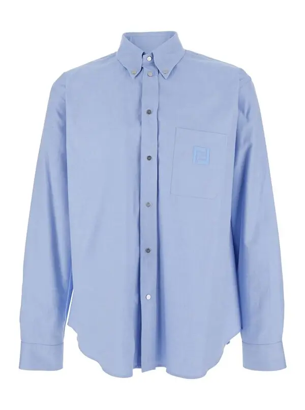 Fendi Light Button-down Collar Shirt With Ff Embroidery On Front In Cotton For - Blue
