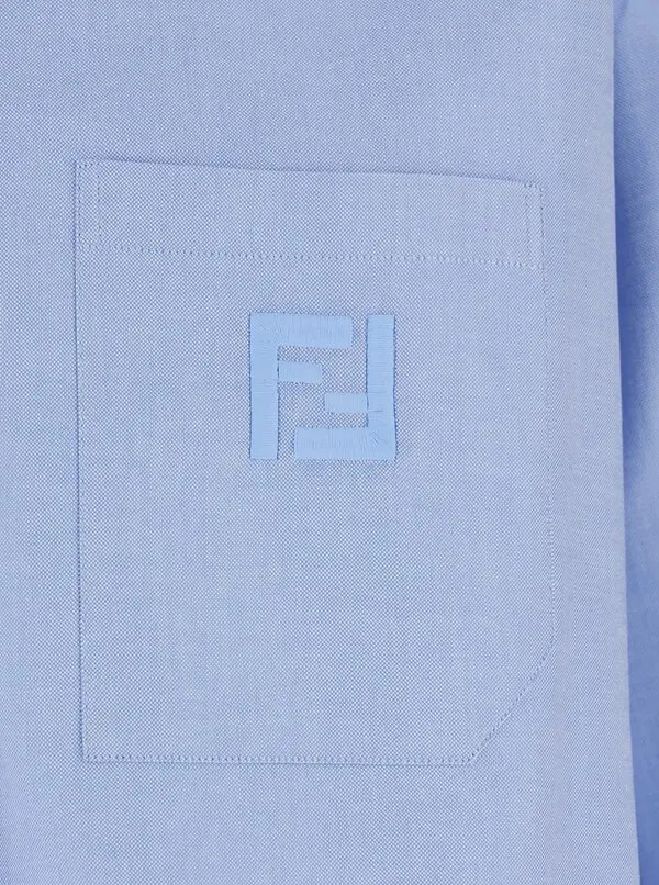Fendi Light Button-down Collar Shirt With Ff Embroidery On Front In Cotton For - Blue