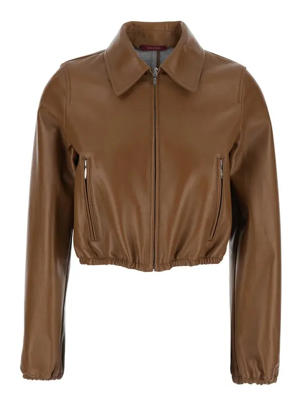 Gucci Leather Crop Jacket With Classic Collar - Multicolor