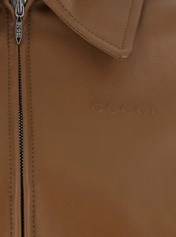 Gucci Leather Crop Jacket With Classic Collar - Multicolor