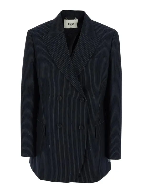 Fendi Blue Double-breasted Jacket With Peak Revers And Pinstripe Motif In Wool Blend - Multicolor