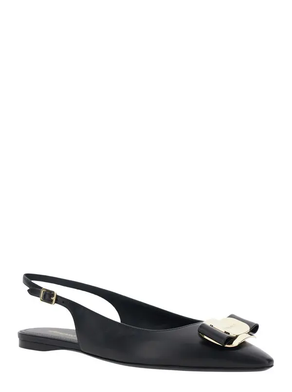 FERRAGAMO Zelmi' Slingback Ballet Shoes With Logo Plate On The Front In Leather - Black