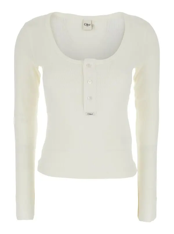 Chloé White Long Sleeve T-shirt With Logo Patch On The Front In Ribbed Knit Cotton For - Multicolor
