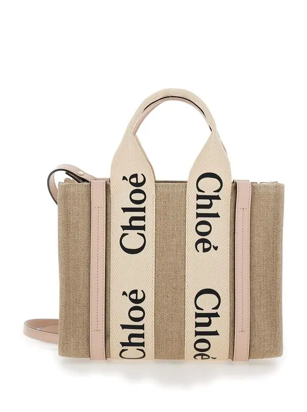 Chloé Tote Bag 'woody' With Logoed Ribbons In Beige Canvas For - Cream