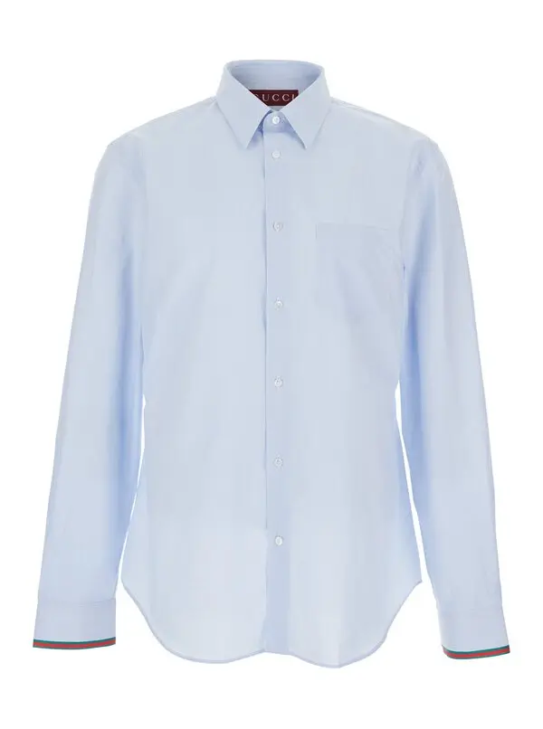 Gucci Light Blue Shirt With Classic Collar And Web Cuffs For