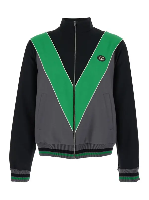 Valentino Garavani High Neck Sweatshirt With V Inlay On The Front In Tech Fabric Black And Green - Multicolor