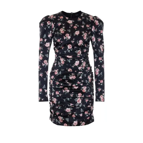 Dolce & Gabbana Vintage Rose Print Draped Dress - Black