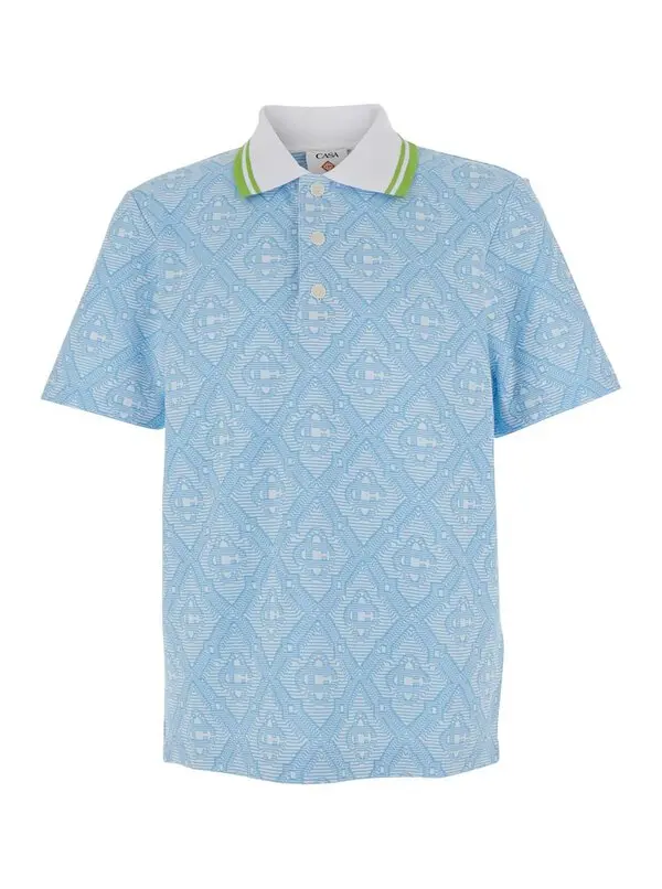 Casablanca Light Blue Polo Shirt With Classic Bicolor Collar And All-over Embroidery In Cotton Blend - Multicolor