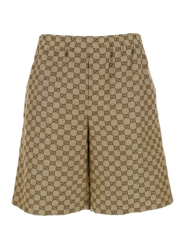Gucci Beige Bermuda Shorts With Elastic Waist And All-over Gg Motif In Linen Blend - Multicolor