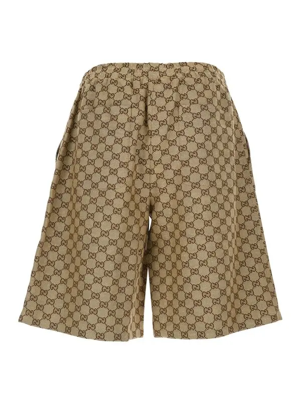 Gucci Beige Bermuda Shorts With Elastic Waist And All-over Gg Motif In Linen Blend - Multicolor