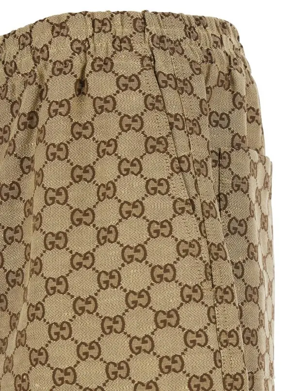 Gucci Beige Bermuda Shorts With Elastic Waist And All-over Gg Motif In Linen Blend - Multicolor