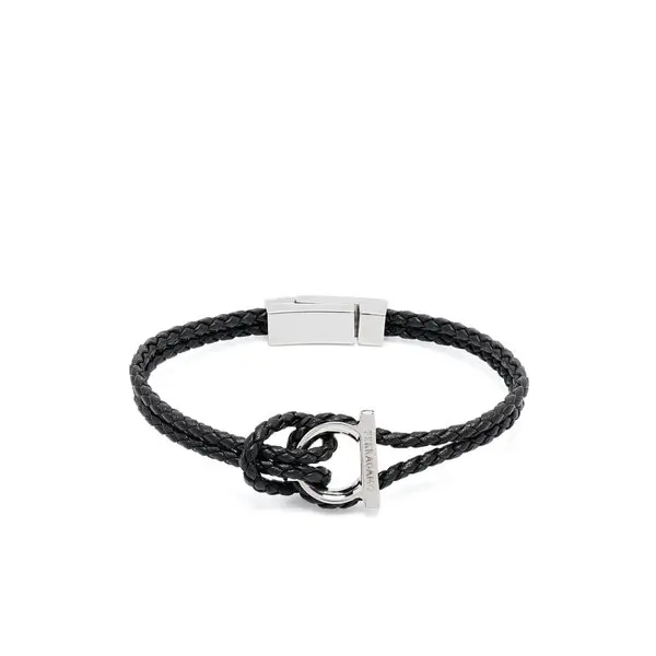 FERRAGAMO Braided Calf Leather Gancini Bracelet - Black