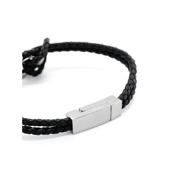 FERRAGAMO Braided Calf Leather Gancini Bracelet - Black