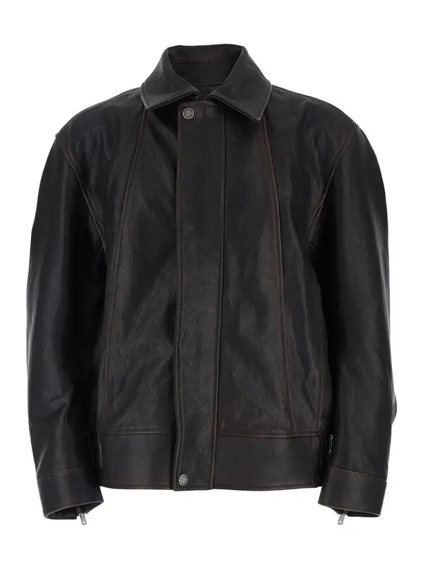 GOLDEN GOOSE Brown Jacket With Classic Collar And Aged Effect In Leather - Multicolor