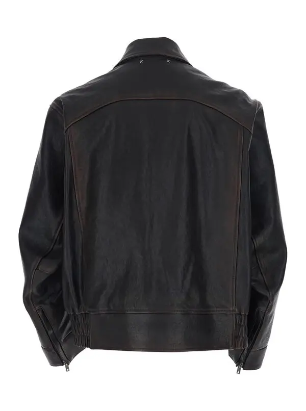 GOLDEN GOOSE Brown Jacket With Classic Collar And Aged Effect In Leather - Multicolor