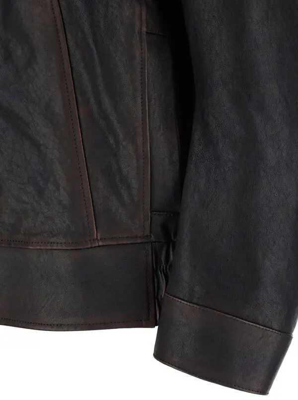 GOLDEN GOOSE Brown Jacket With Classic Collar And Aged Effect In Leather - Multicolor