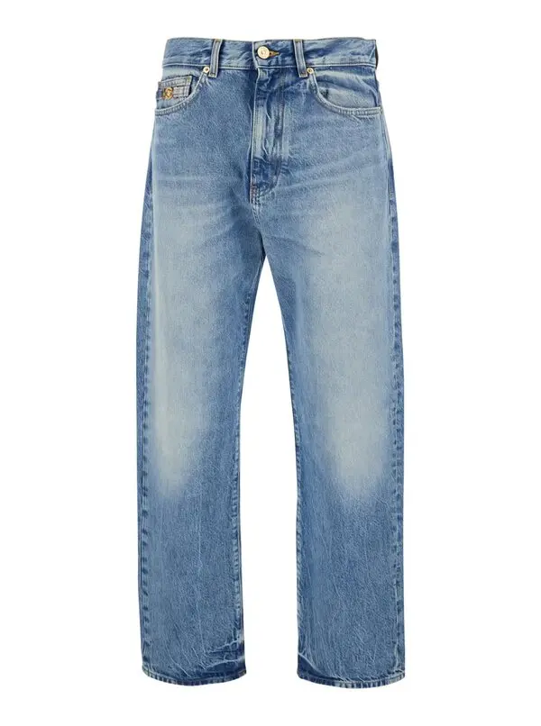 Versace Light Blue Jeans With Logo Patch On The Back And Faded Effect In Denim For