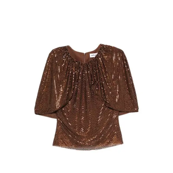 SELF-PORTRAIT Sequin Embellished Round Neck Cape Sleeve Blouse