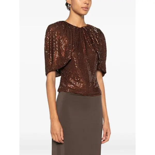 SELF-PORTRAIT Sequin Embellished Round Neck Cape Sleeve Blouse