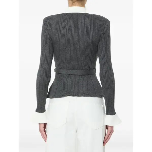 SELF-PORTRAIT Ribbed Knit Cardigan With Contrast Lapels - Gray