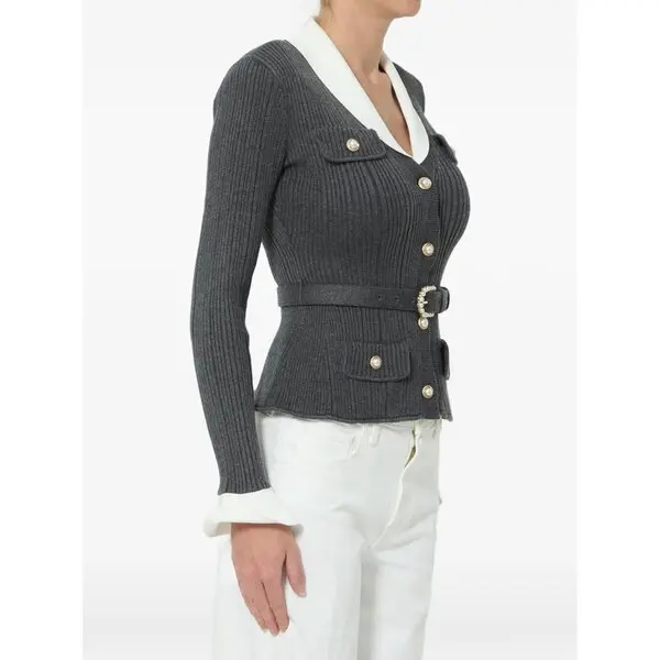 SELF-PORTRAIT Ribbed Knit Cardigan With Contrast Lapels - Gray