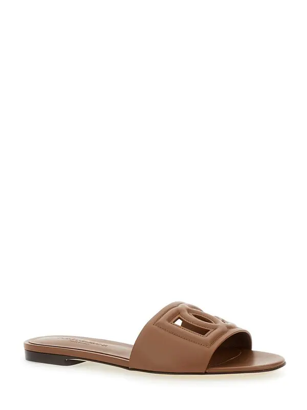 Dolce & Gabbana Leather Cut Out Logo Slide Sandal - Brown